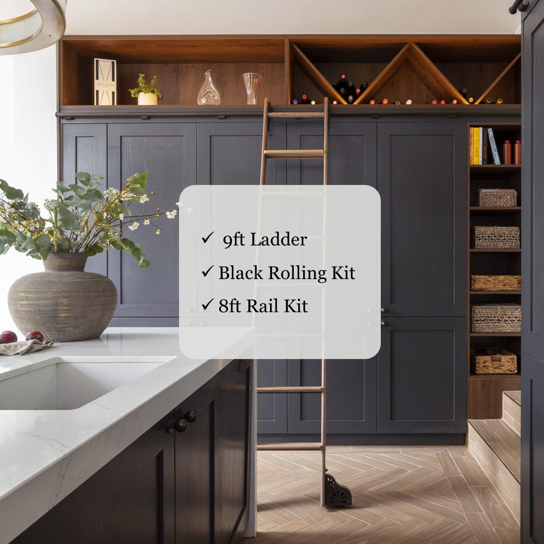 9ft Ladder + Black Rolling Hardware + 8ft Rail Kit – The Library Ladder ...